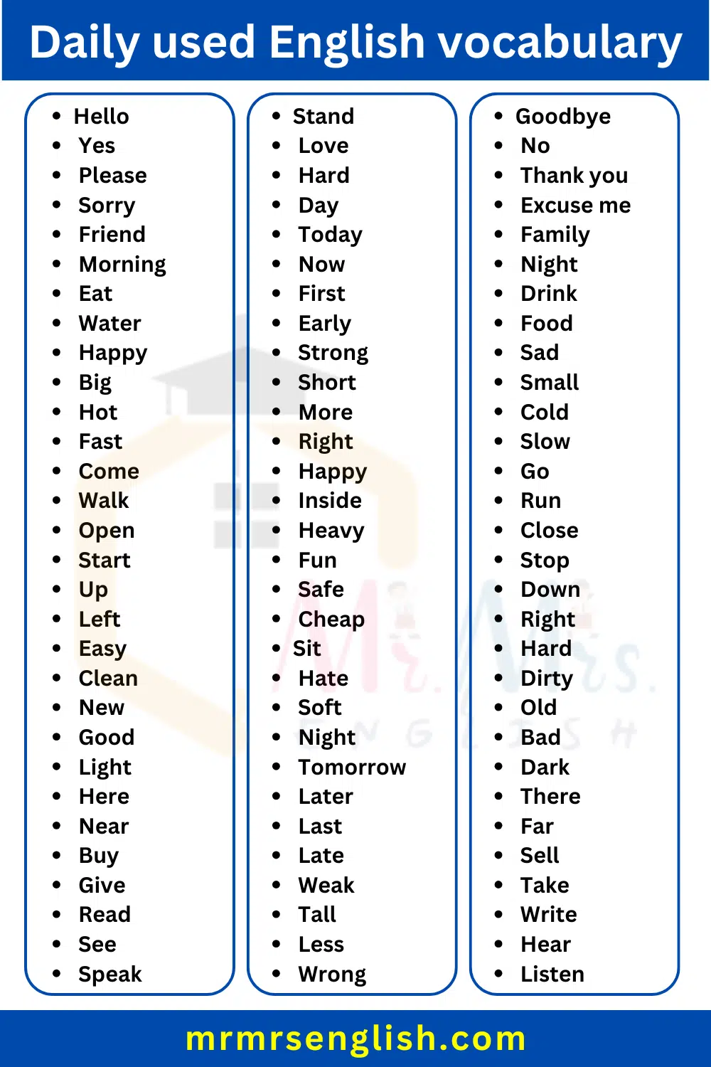 500 English Vocabulary words for daily use with Pictures - MR MRS ENGLISH