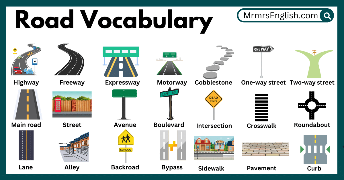Road vocabulary words in English with Their Pictures - MR MRS ENGLISH