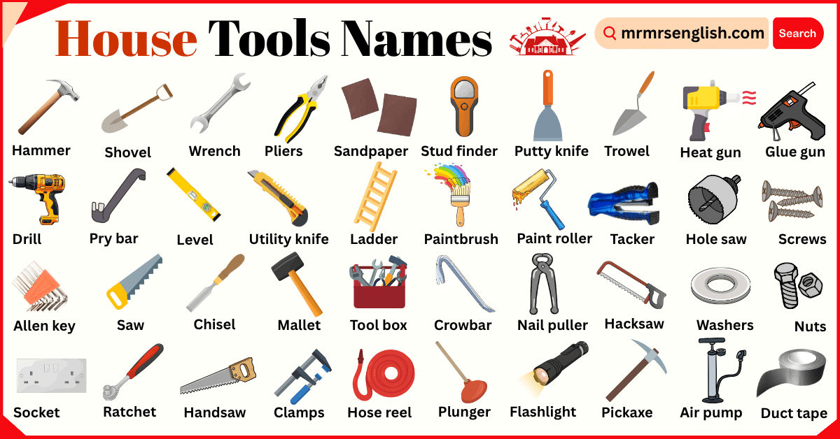 House Tools Names in English with Their Pictures - MR MRS ENGLISH