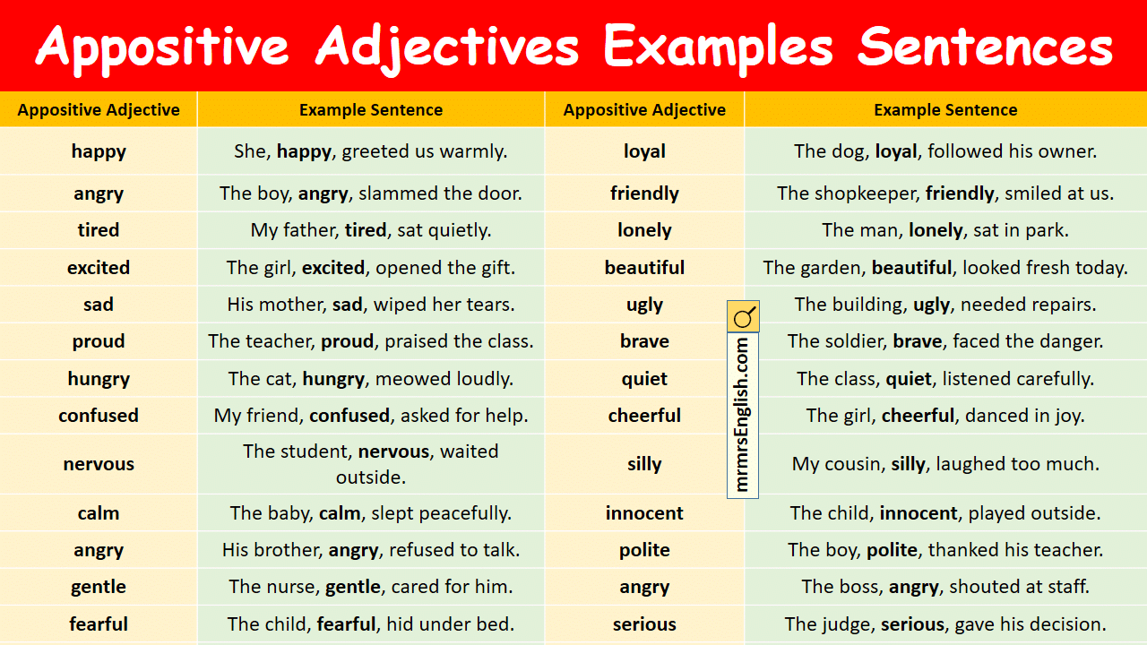 Appositive Adjectives Examples Sentences in English with Pictures - MR MRS ENGLISH