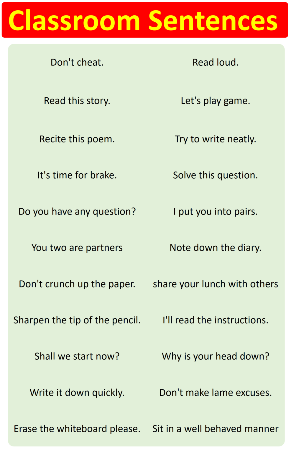 Classroom Sentences for Students | Conversation in Classroom - MR MRS ...