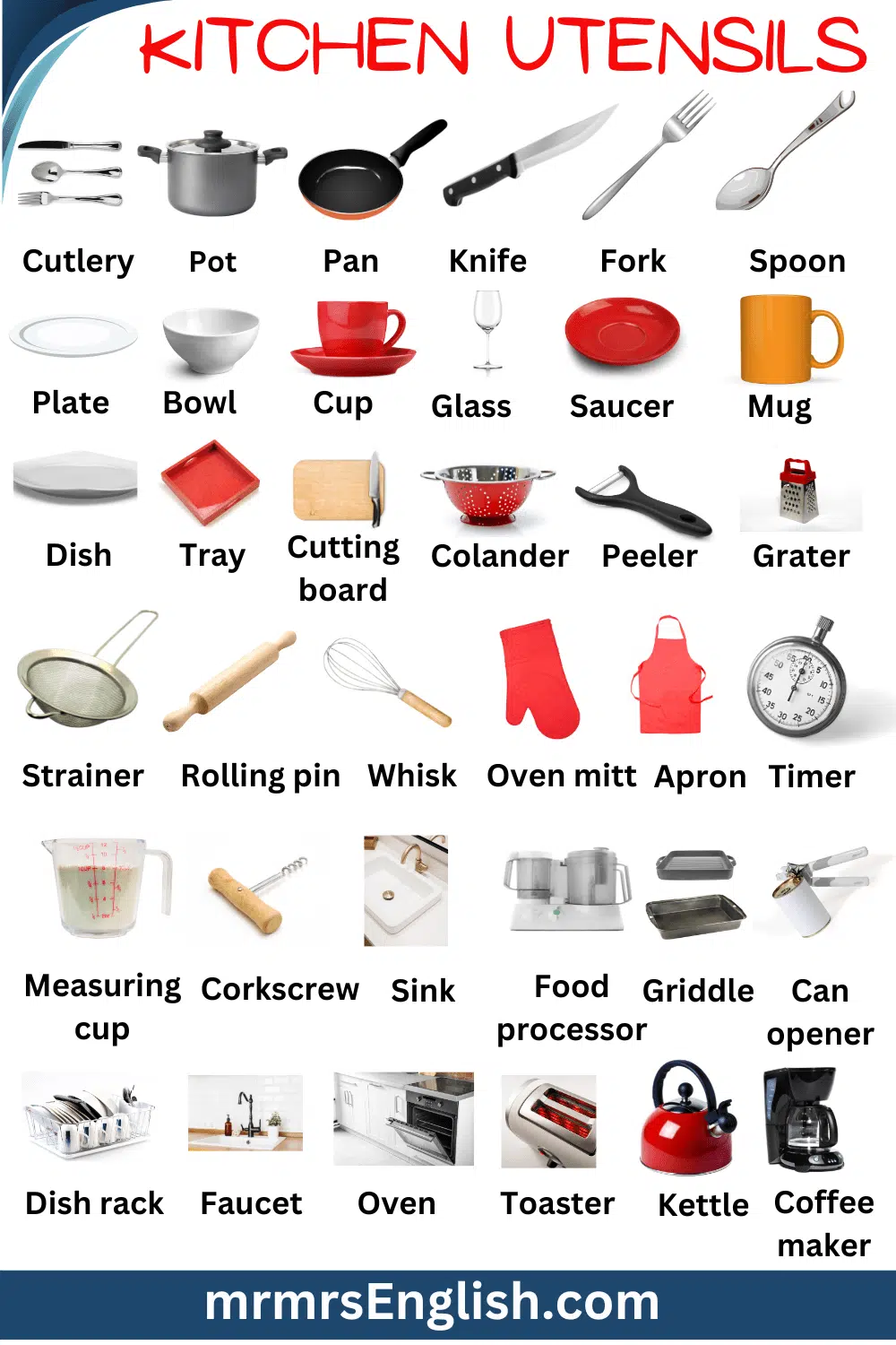 Kitchen Utensils Names Vocabulary with Pictures - MR MRS ENGLISH