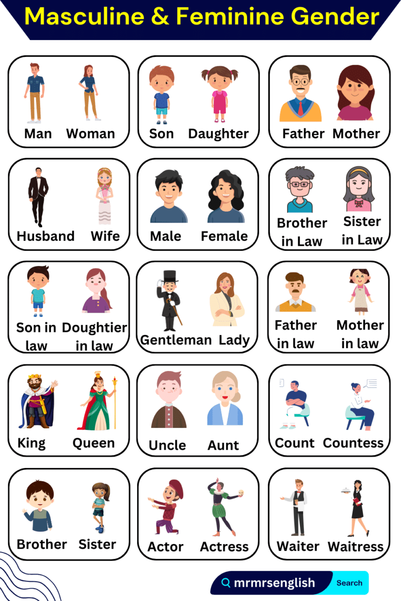 Masculine and Feminine Gender of Nouns Vocabulary words in English - MR ...