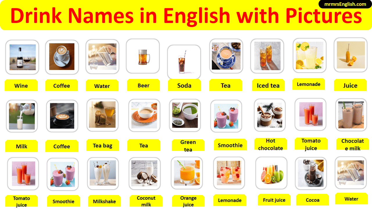 Drink Names Vocabulary in English with Pictures - MR MRS ENGLISH