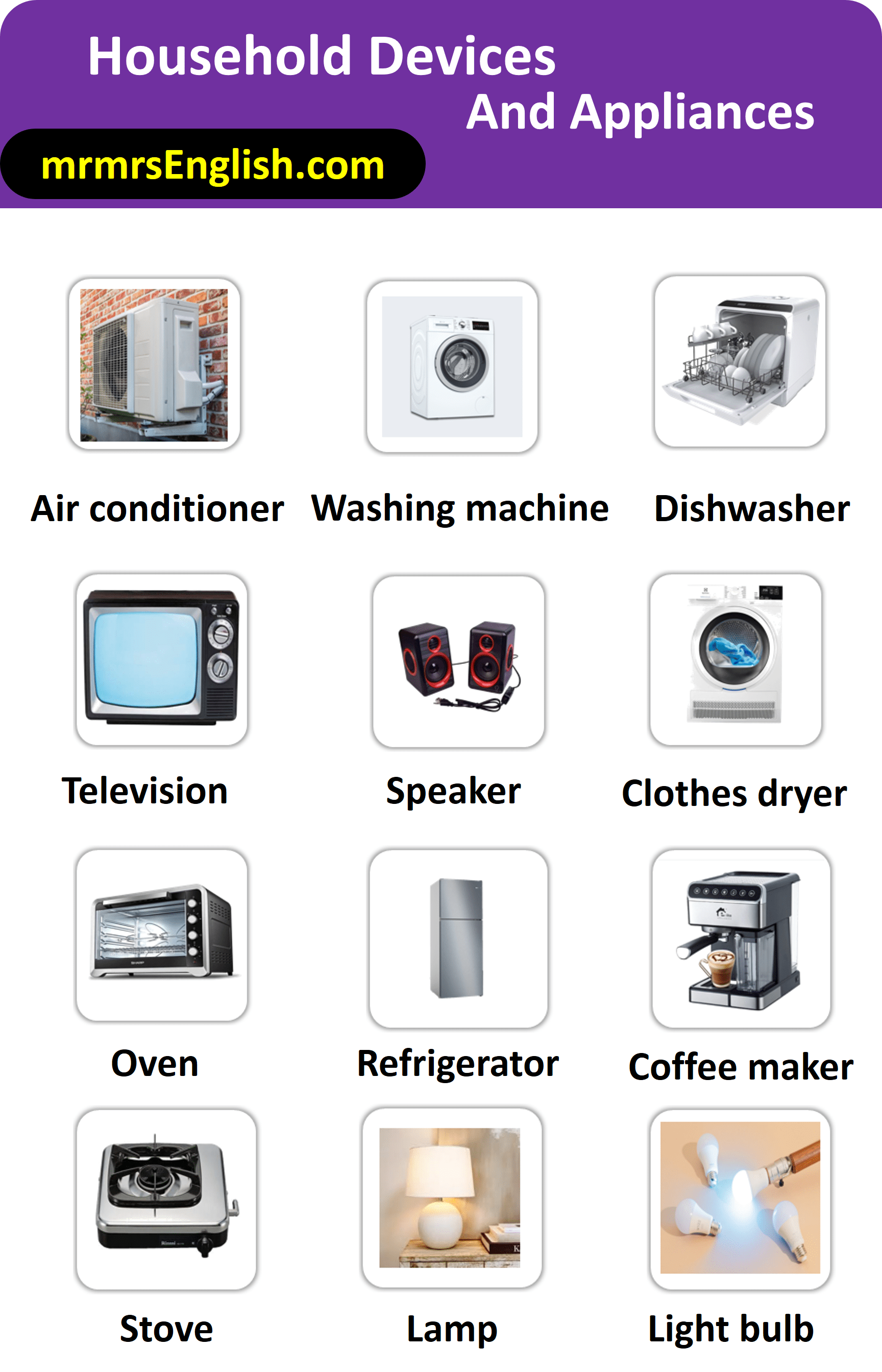 Household Devices and Appliances Names in English with Images - MR MRS ...