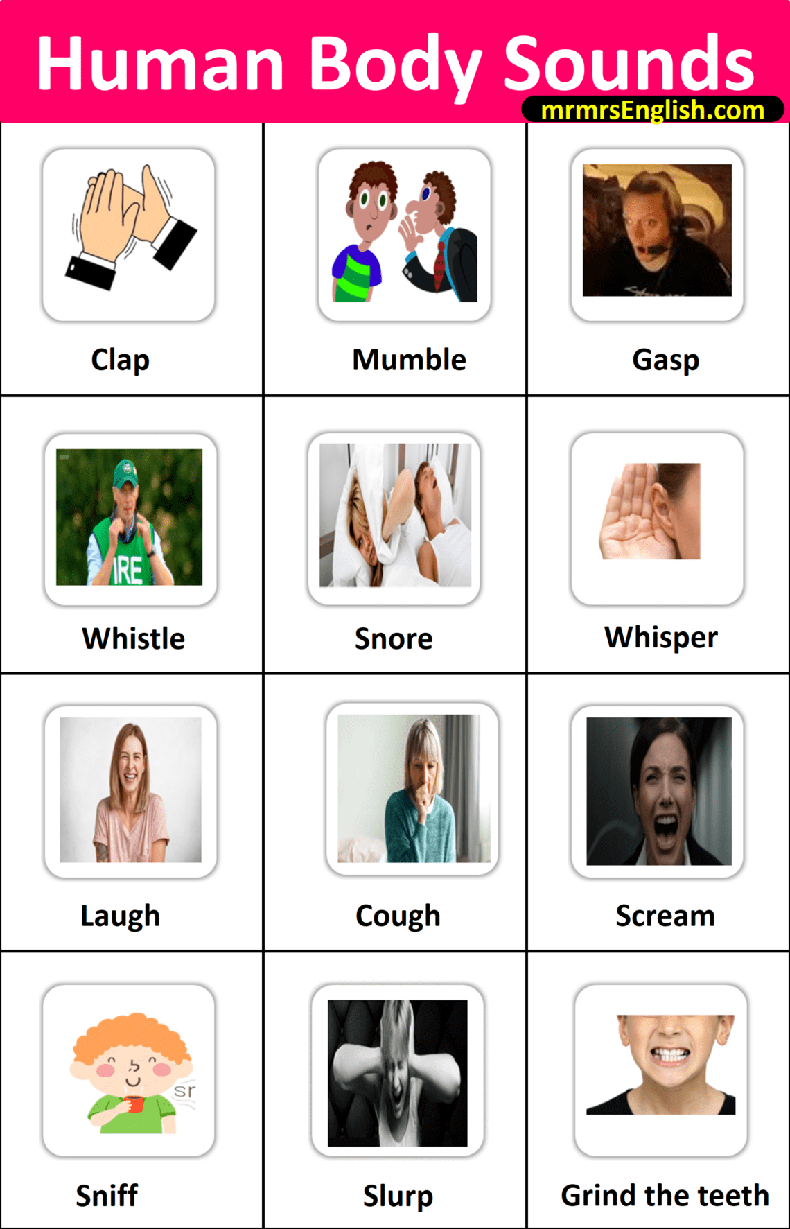 Human Body Sounds Names in English with Images - MR MRS ENGLISH