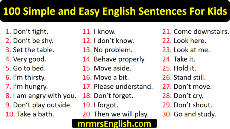 100 Simple Sentences For Kids in English with Pictures - MR MRS ENGLISH