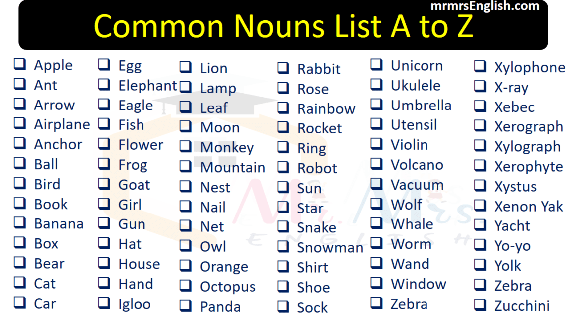 Common Nouns List A to Z | 500+ Common Nouns - MR MRS ENGLISH