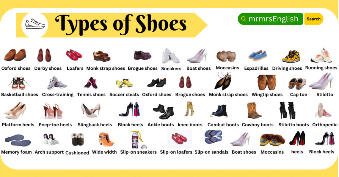 Types of Shoes Names in English with their Pictures - MR MRS ENGLISH