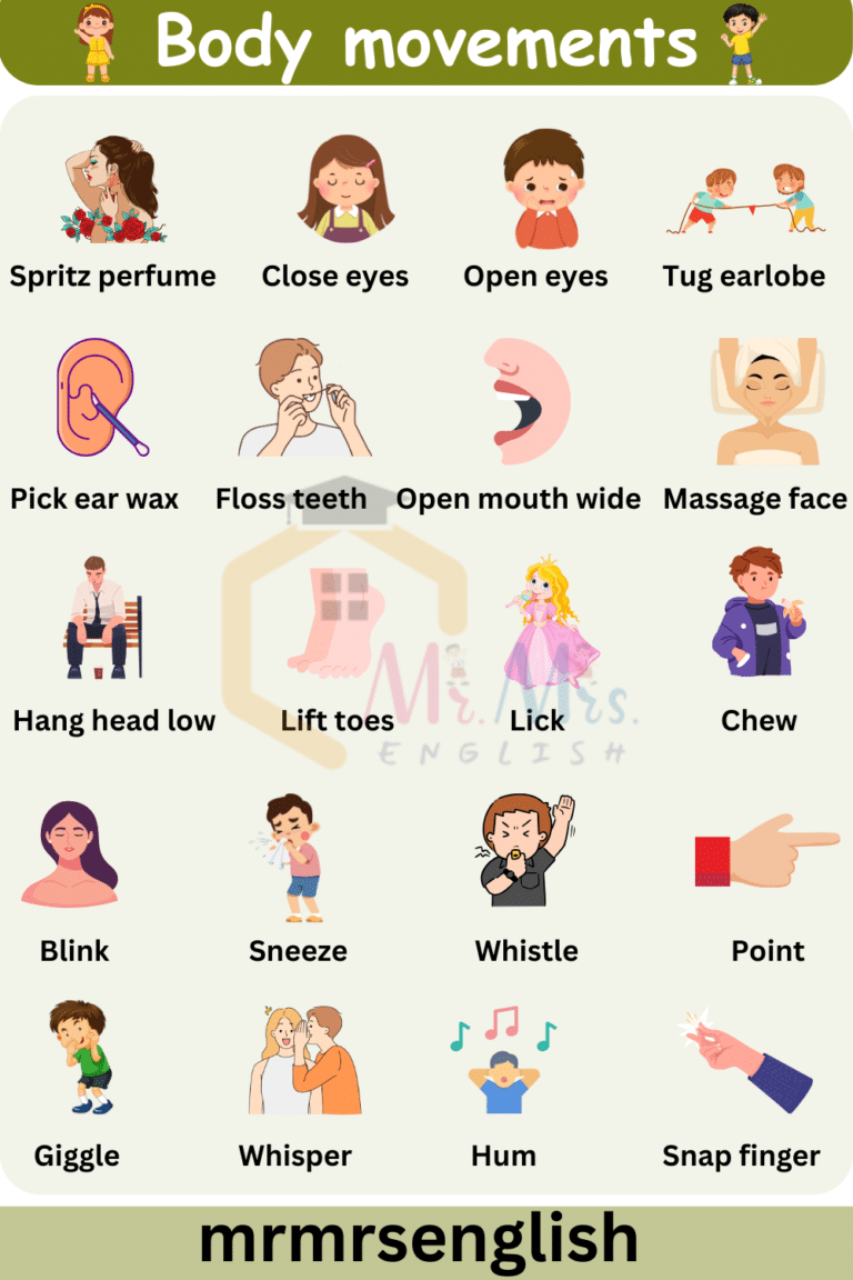 Humans Body Movements Names Vocabulary and Their Pictures - MR MRS ENGLISH