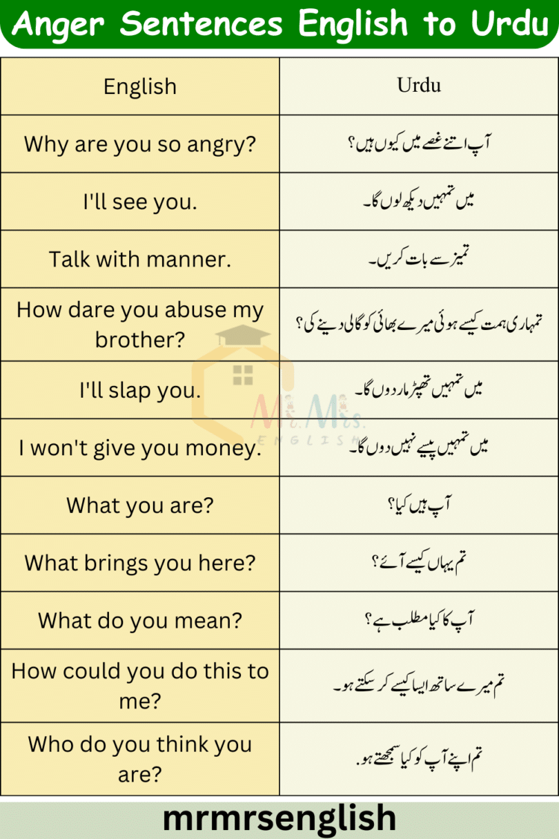 100 Anger Sentences in English to Urdu for daily use - MR MRS ENGLISH