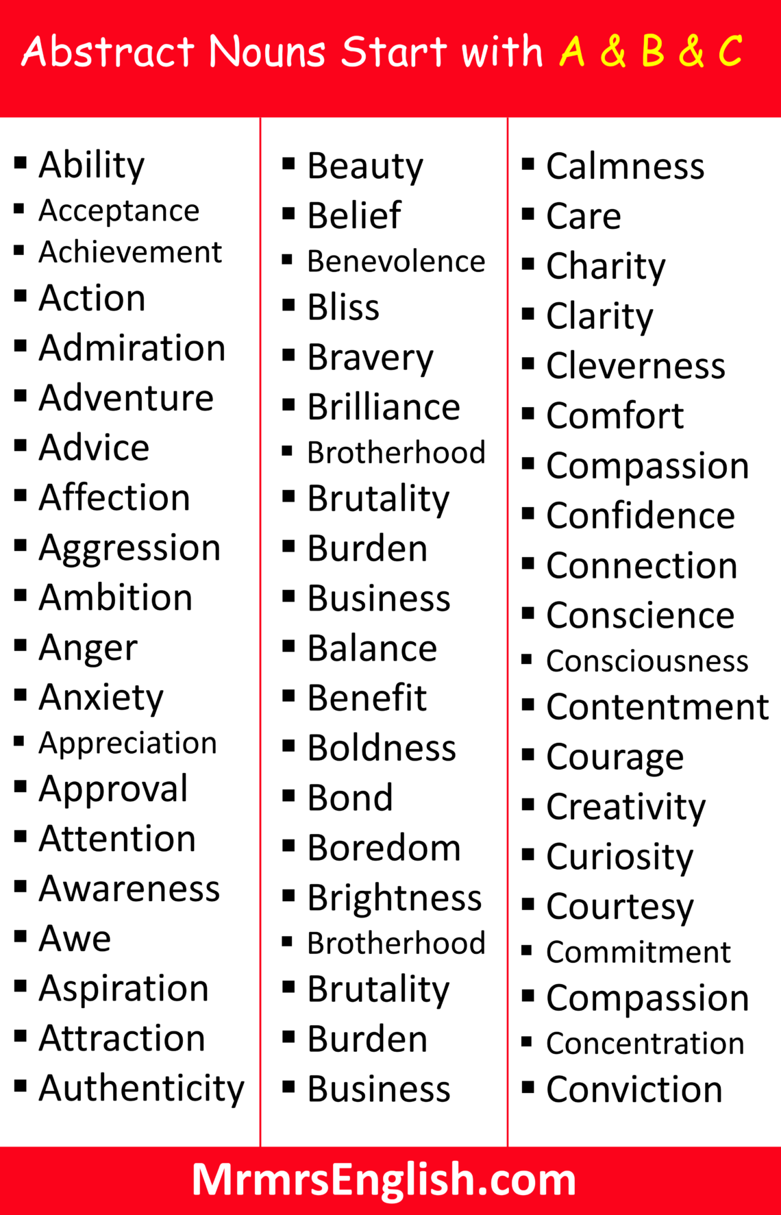 Abstract Nouns List From A to Z - 500 Abstract Nouns in English - MR ...
