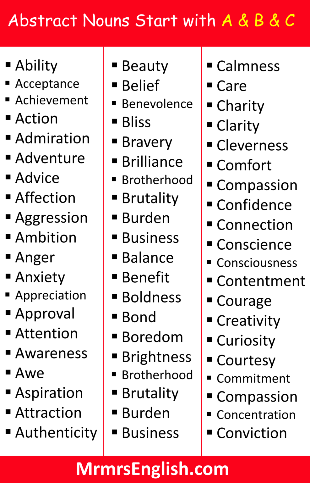 Abstract Nouns List From A to Z - 500 Abstract Nouns in English - MR ...