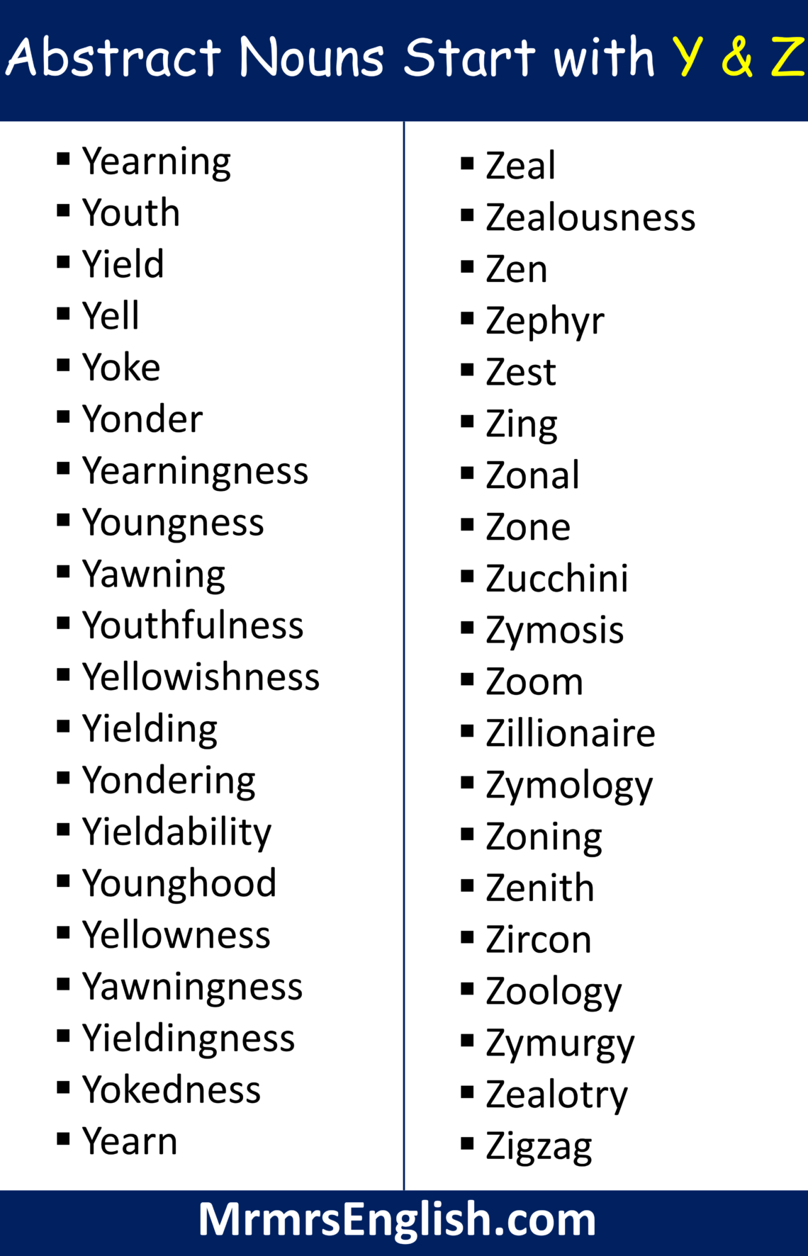 Abstract Nouns List From A to Z - 500 Abstract Nouns in English - MR ...