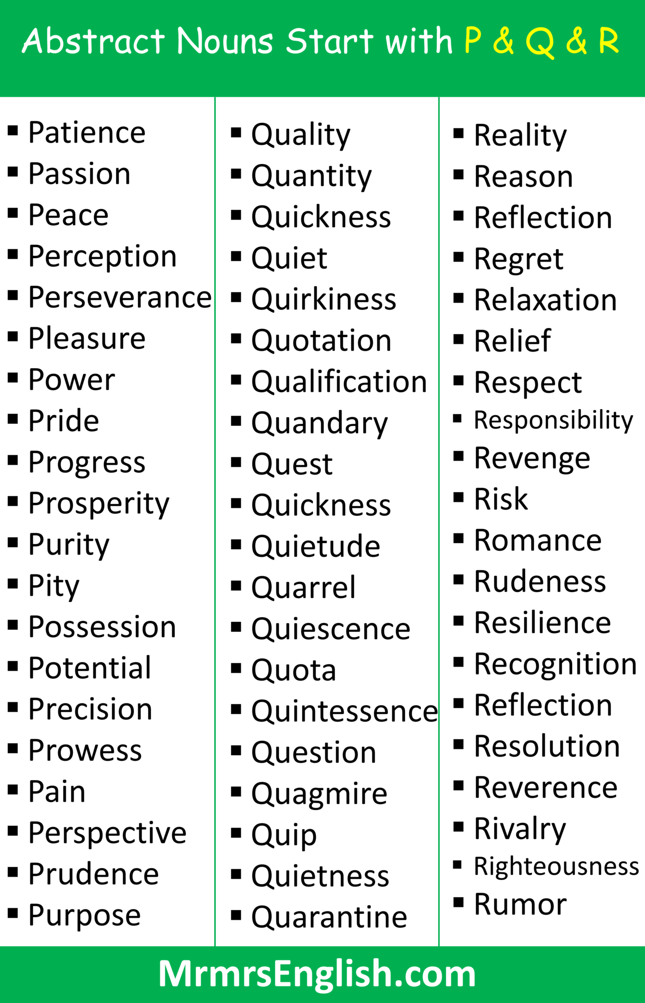 Abstract Nouns List From A to Z - 500 Abstract Nouns in English - MR ...