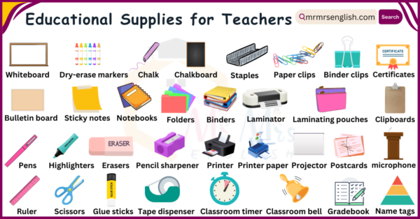 Educational Supplies Names for Teachers in English with Pictures - MR ...