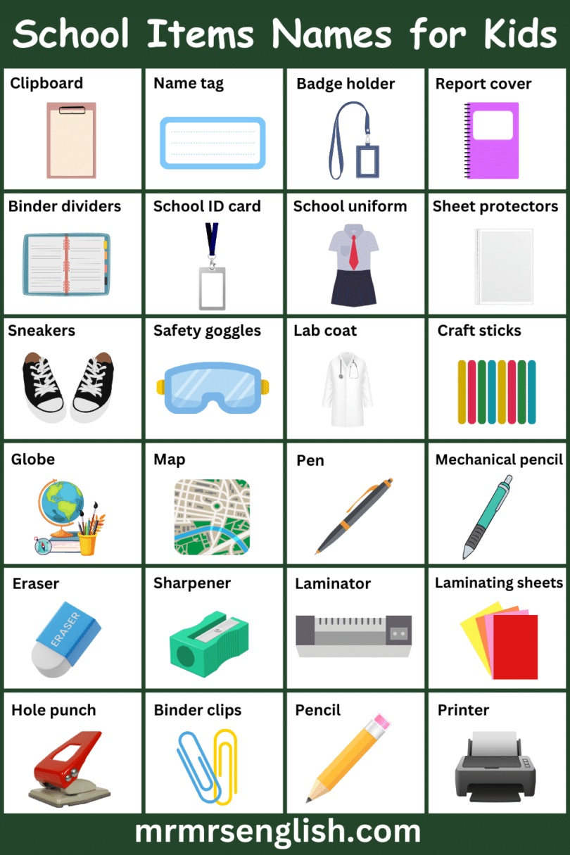 School Items Names for Kids in English With Their Pictures - MR MRS ENGLISH