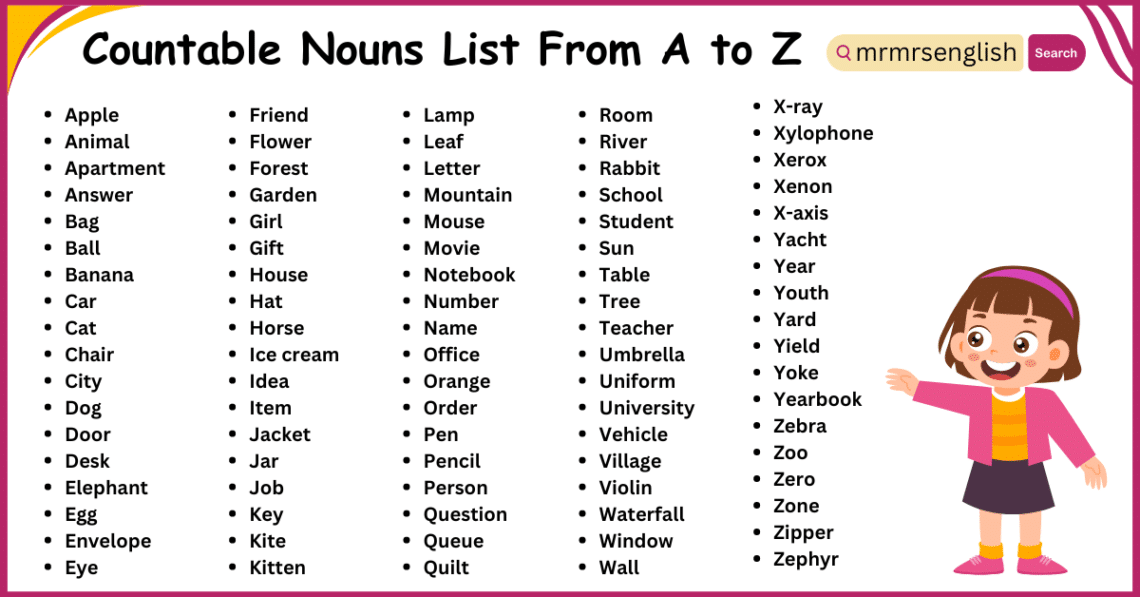 Countable Nouns List From A to Z | 500 Countable Nouns - MR MRS ENGLISH