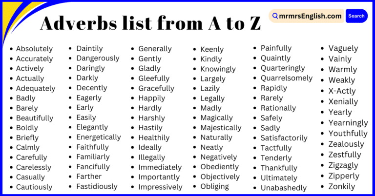 Adverbs list from A to Z | 500 Adverbs in English for daily use - MR ...