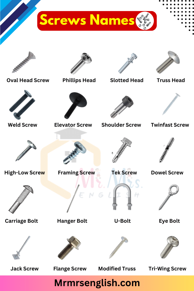 Screws Names in English and Their Pictures - MR MRS ENGLISH