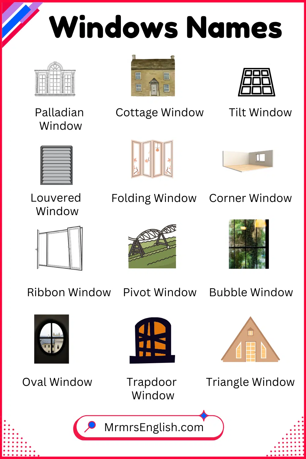 Types of Windows names in English and Their Pictures - MR MRS ENGLISH
