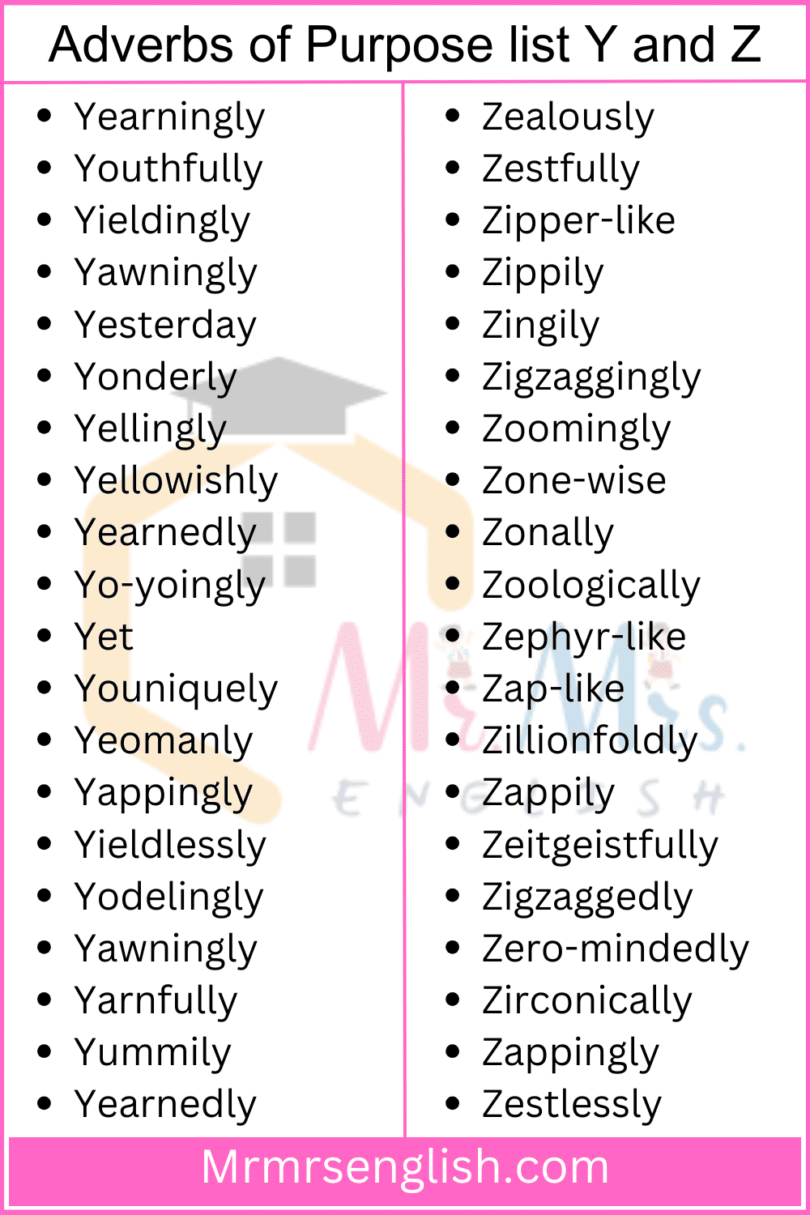 Adverbs of Purpose list A to Z | 500+ Adverbs of Purpose - MR MRS ENGLISH