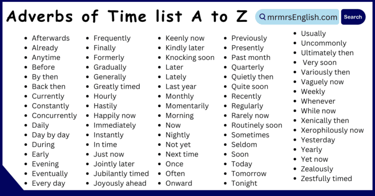 Adverbs of Time list A to Z | 500 Time Adverbs - MR MRS ENGLISH