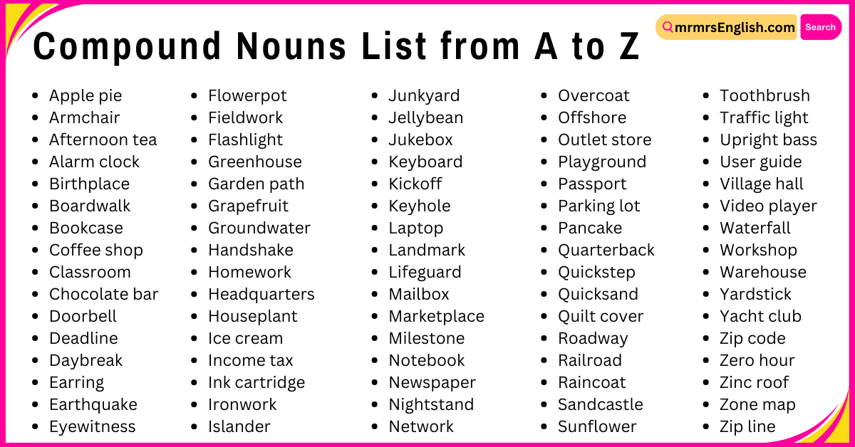 Compound Nouns List from A to Z | 500+ Compound Nouns - MR MRS ENGLISH