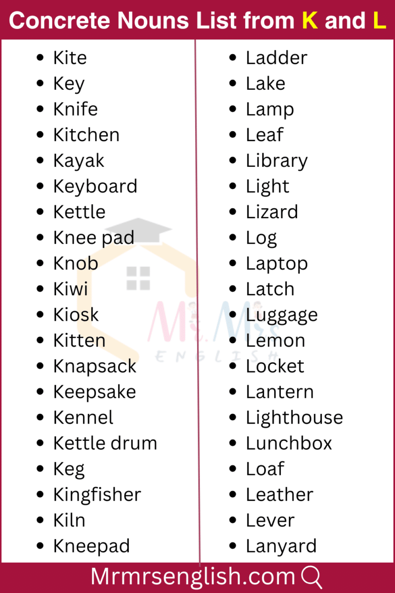Concrete Nouns list from A to Z in English with Pictures - MR MRS ENGLISH