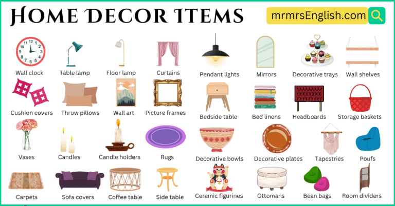 100 Home Decor Items names in English and their Pictures - MR MRS ENGLISH