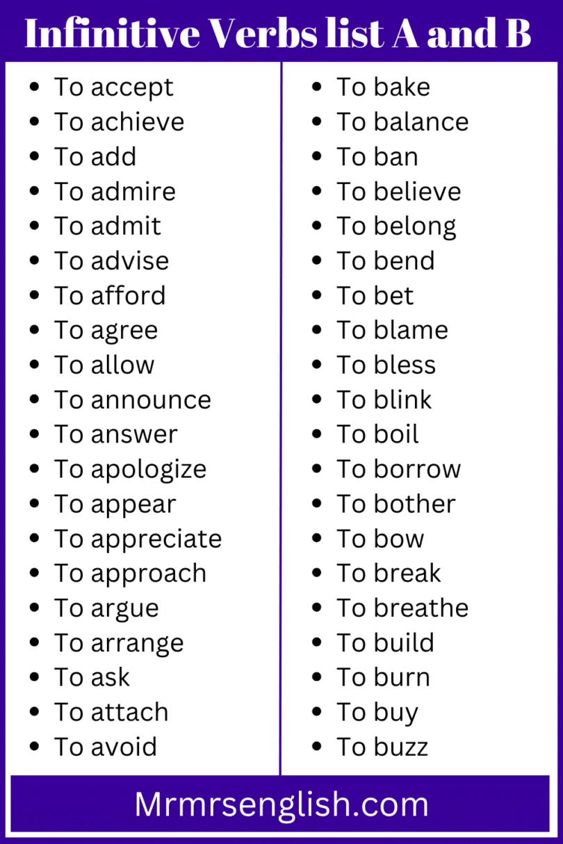 Infinitive Verbs list A to Z in English | 500 Infinitive Verbs - MR MRS ...
