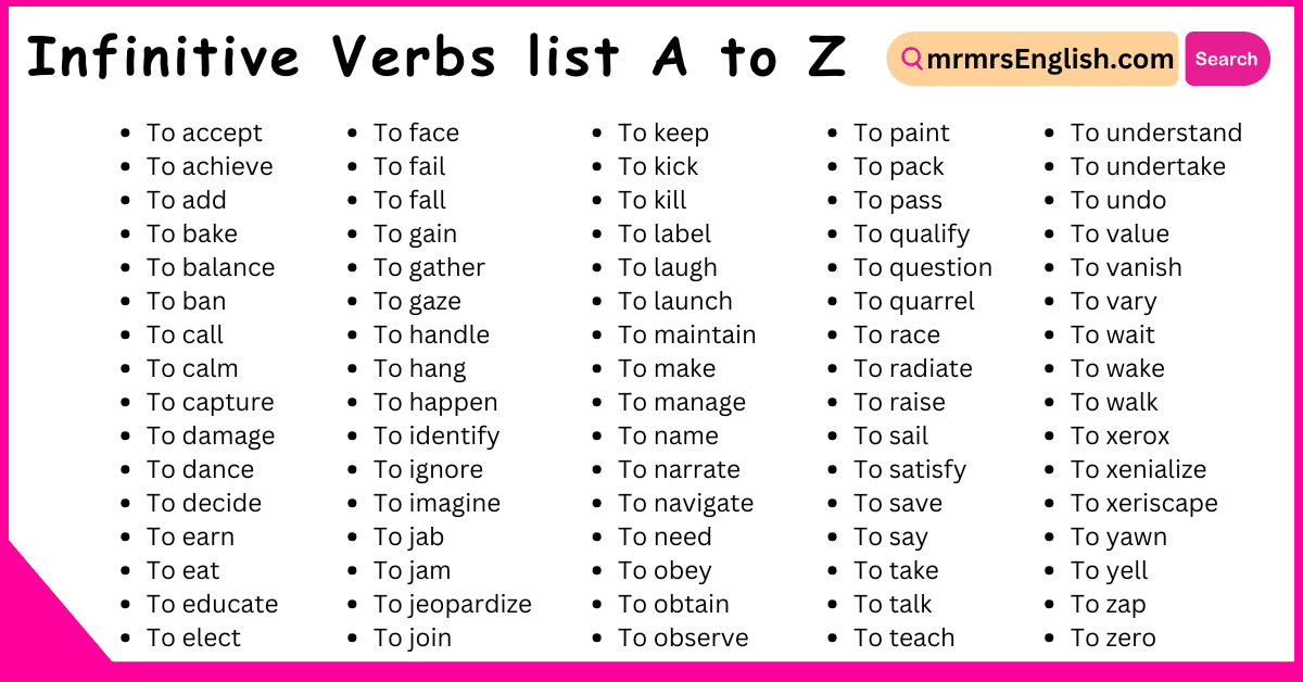 Infinitive Verbs list A to Z in English | 500 Infinitive Verbs - MR MRS ...