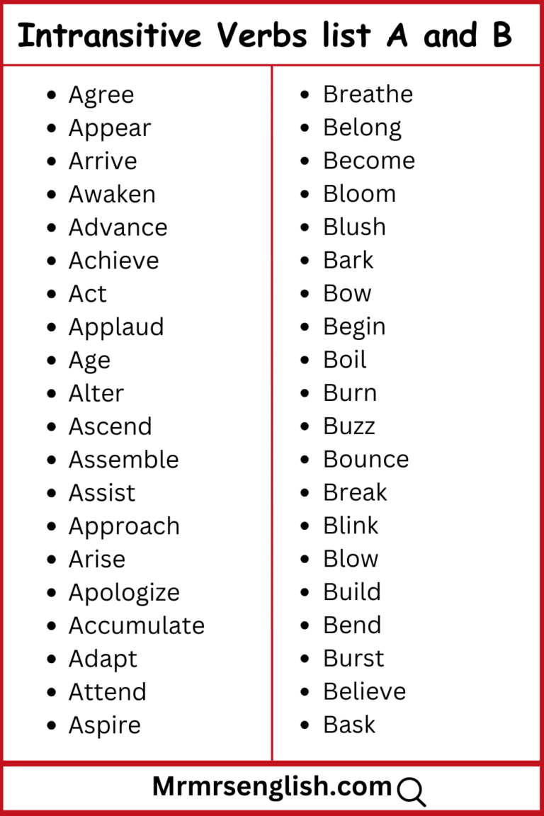 Intransitive Verbs list A to Z in English and Pictures - MR MRS ENGLISH