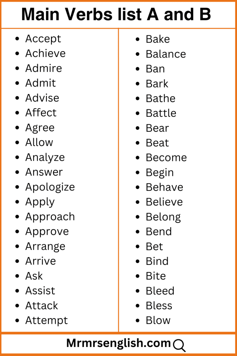 Main Verbs list A to Z in English | List of 500 Main Verbs - MR MRS ENGLISH