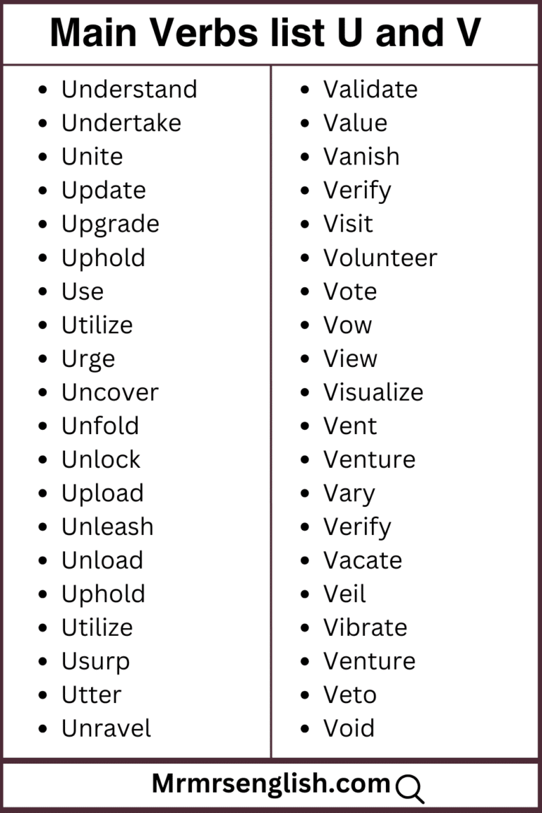 Main Verbs list A to Z in English | List of 500 Main Verbs - MR MRS ENGLISH