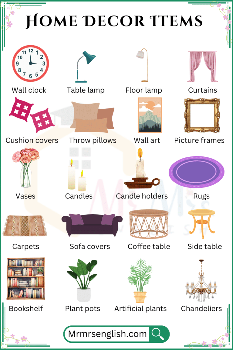 100 Home Decor Items names in English and their Pictures - MR MRS ENGLISH