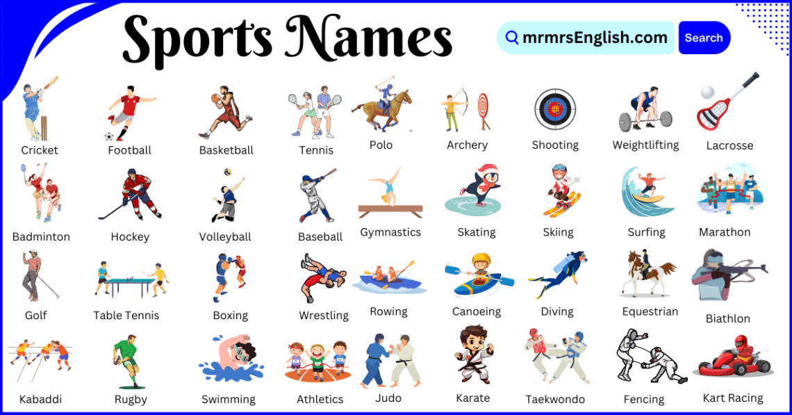 Sports Names in English and their Pictures - MR MRS ENGLISH