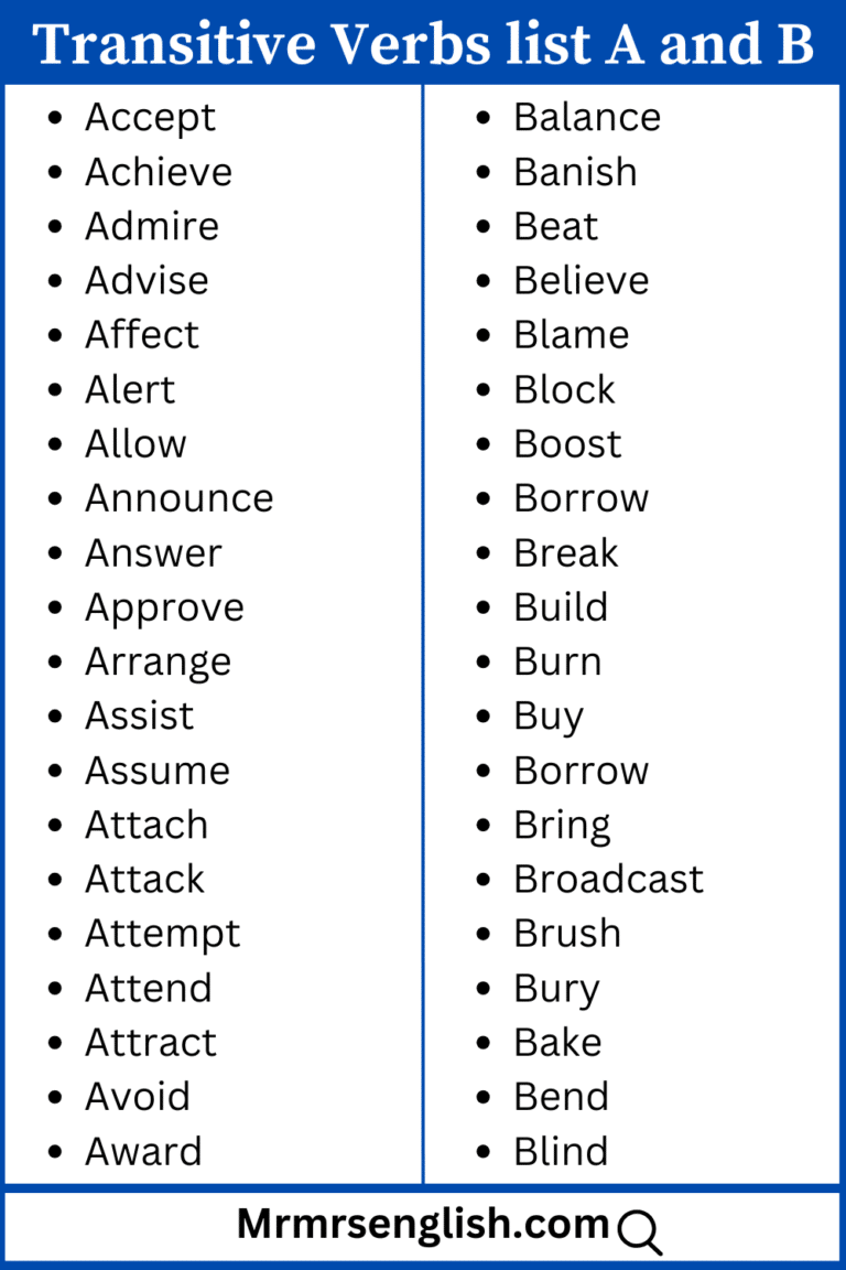 Transitive Verbs list A to Z in English with Pictures - MR MRS ENGLISH