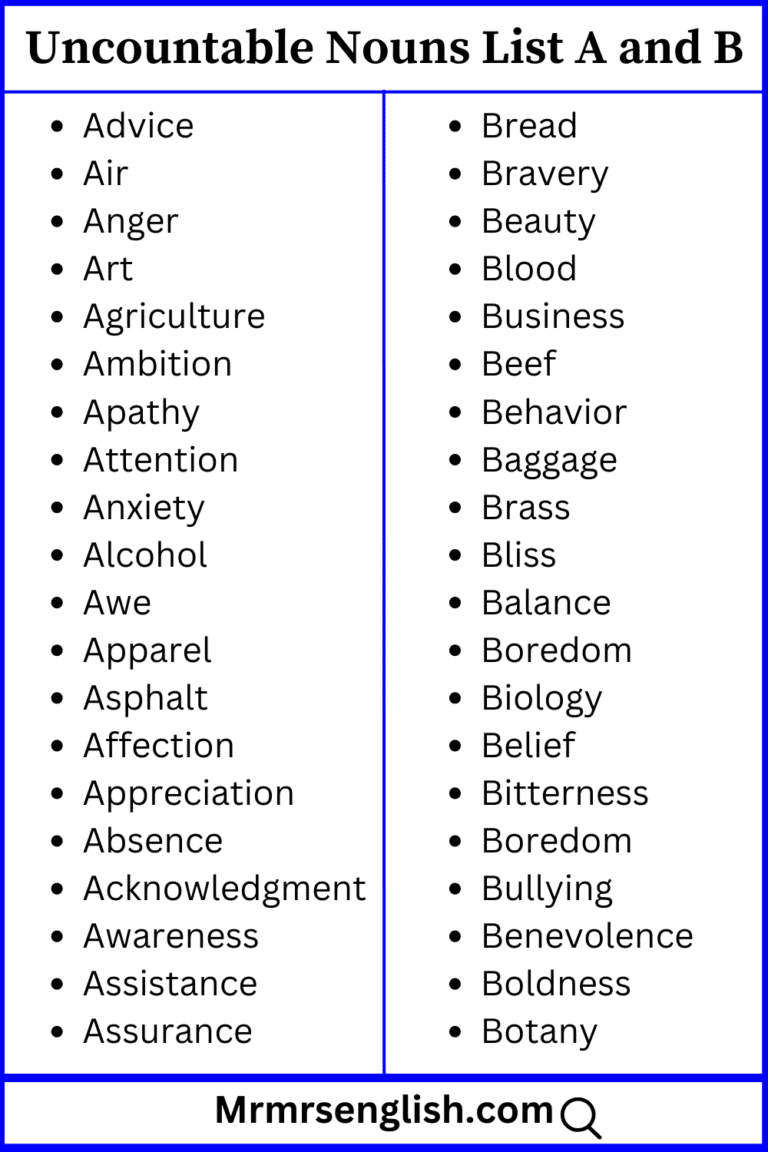 Uncountable Nouns List from A to Z in English with Pictures - MR MRS ...