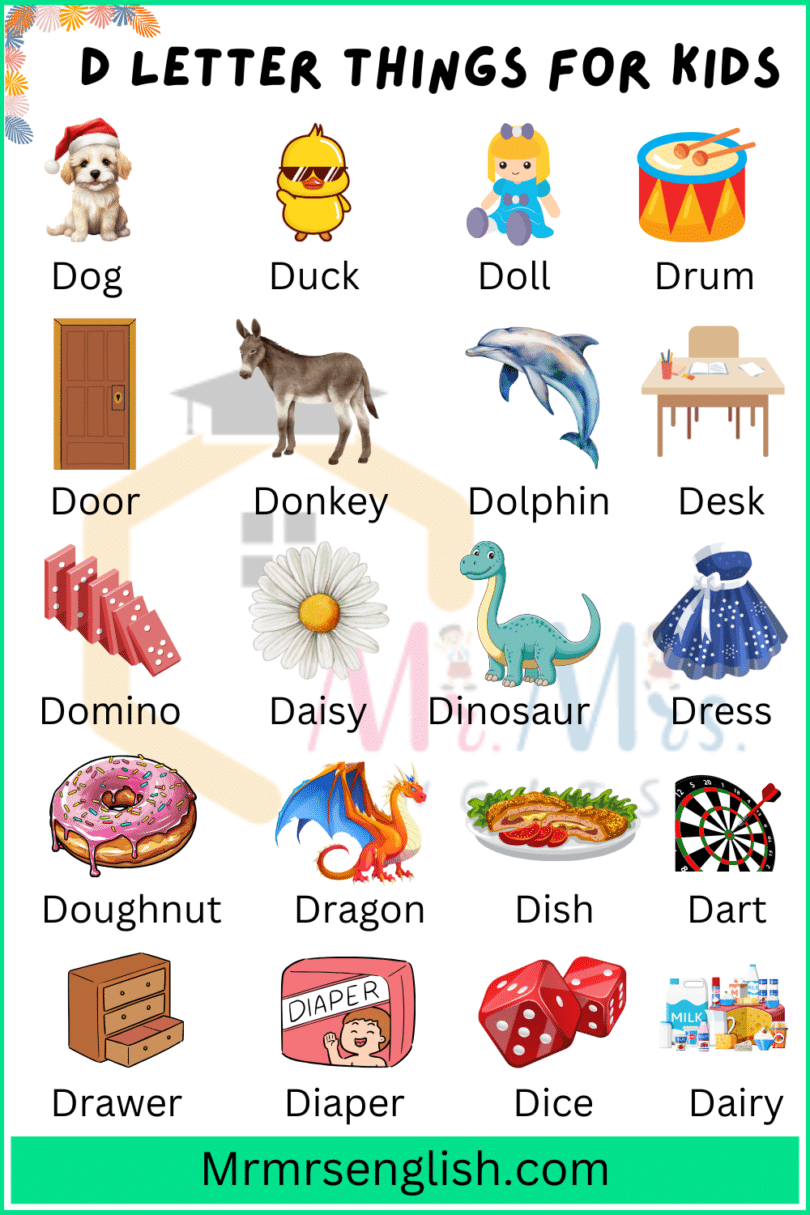 D Letter Things and Pictures for kids in English - MR MRS ENGLISH