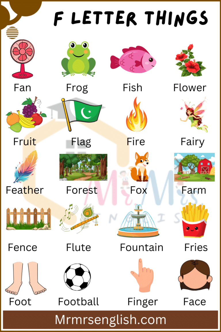 F letter Things in English and Pictures for kids - MR MRS ENGLISH
