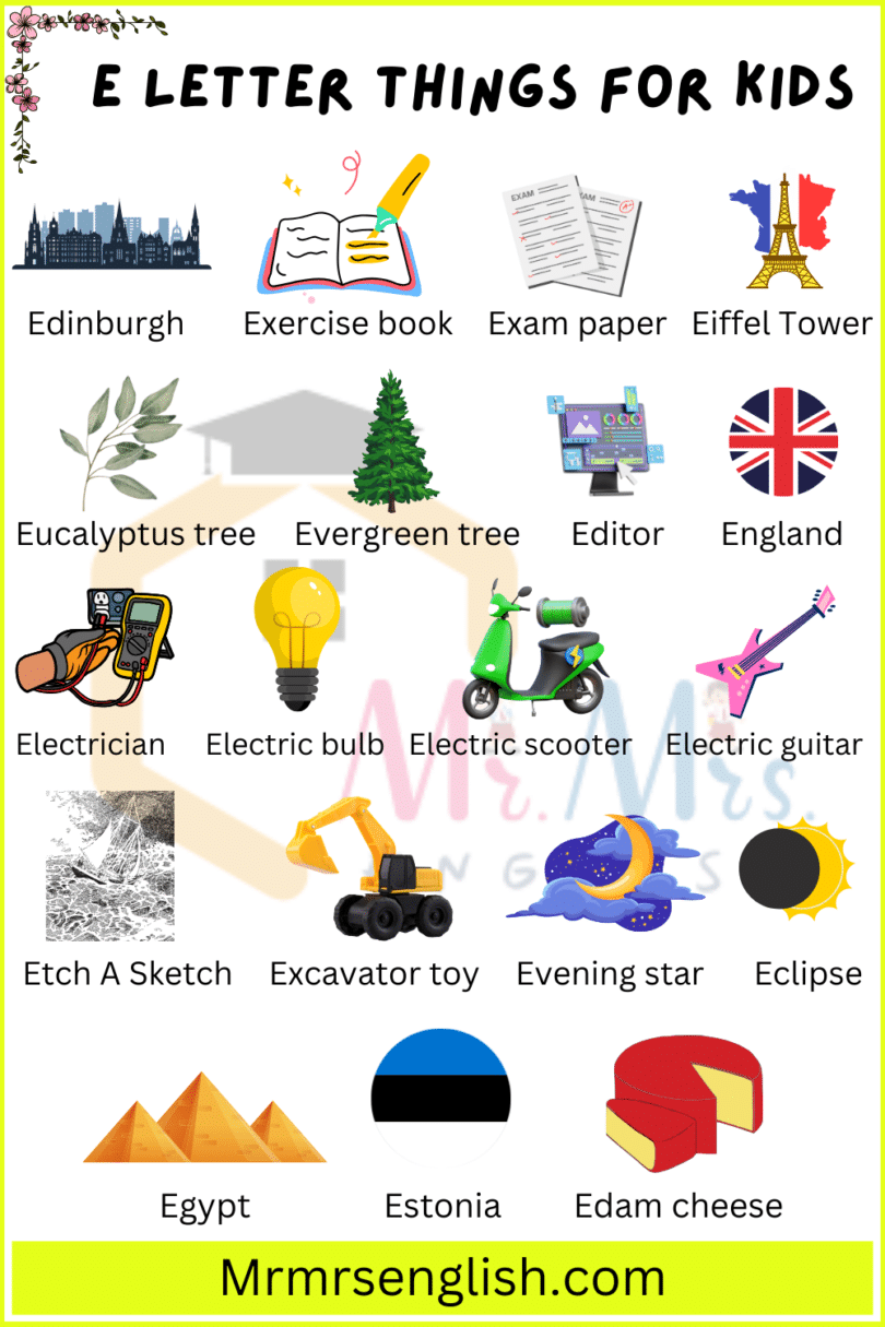 E Letter Things names and Pictures for Kids - MR MRS ENGLISH
