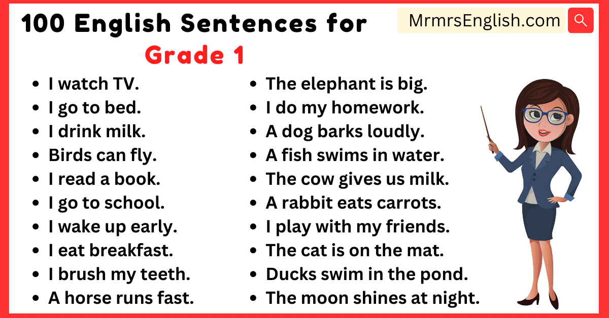 100 English Sentences for Grade 1 with Pictures - MR MRS ENGLISH