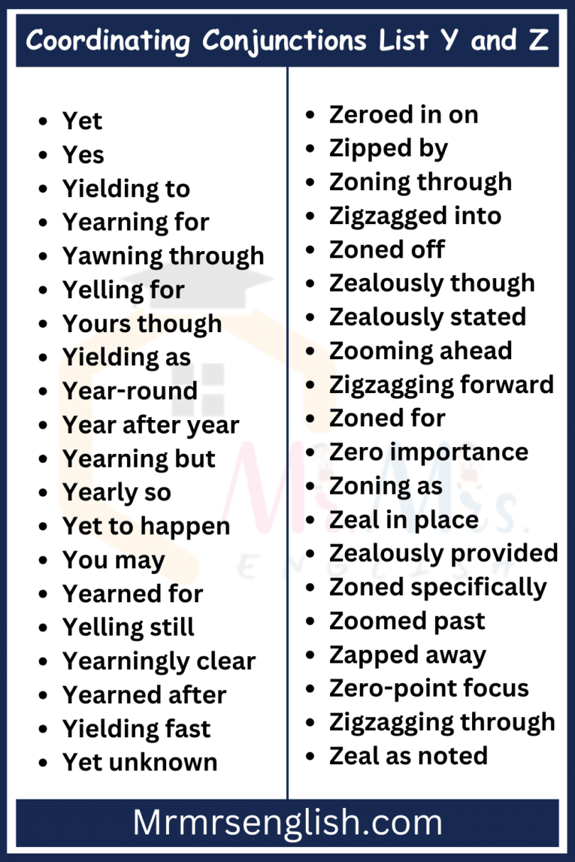 500 Coordinating Conjunctions List from A to Z in English - MR MRS ENGLISH