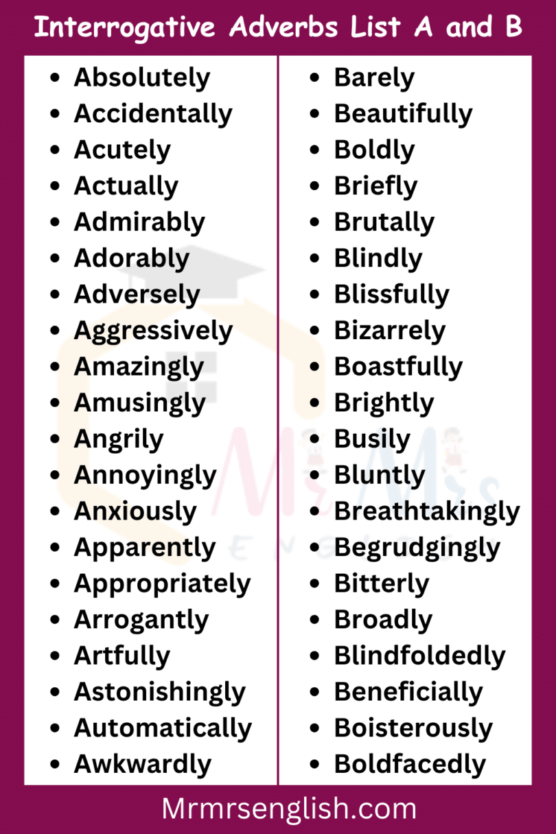 500 Interrogative Adverbs List from A to Z in English - MR MRS ENGLISH