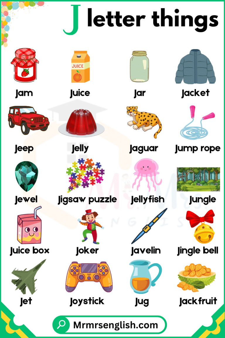 J letter things names and Pictures for Kids - MR MRS ENGLISH