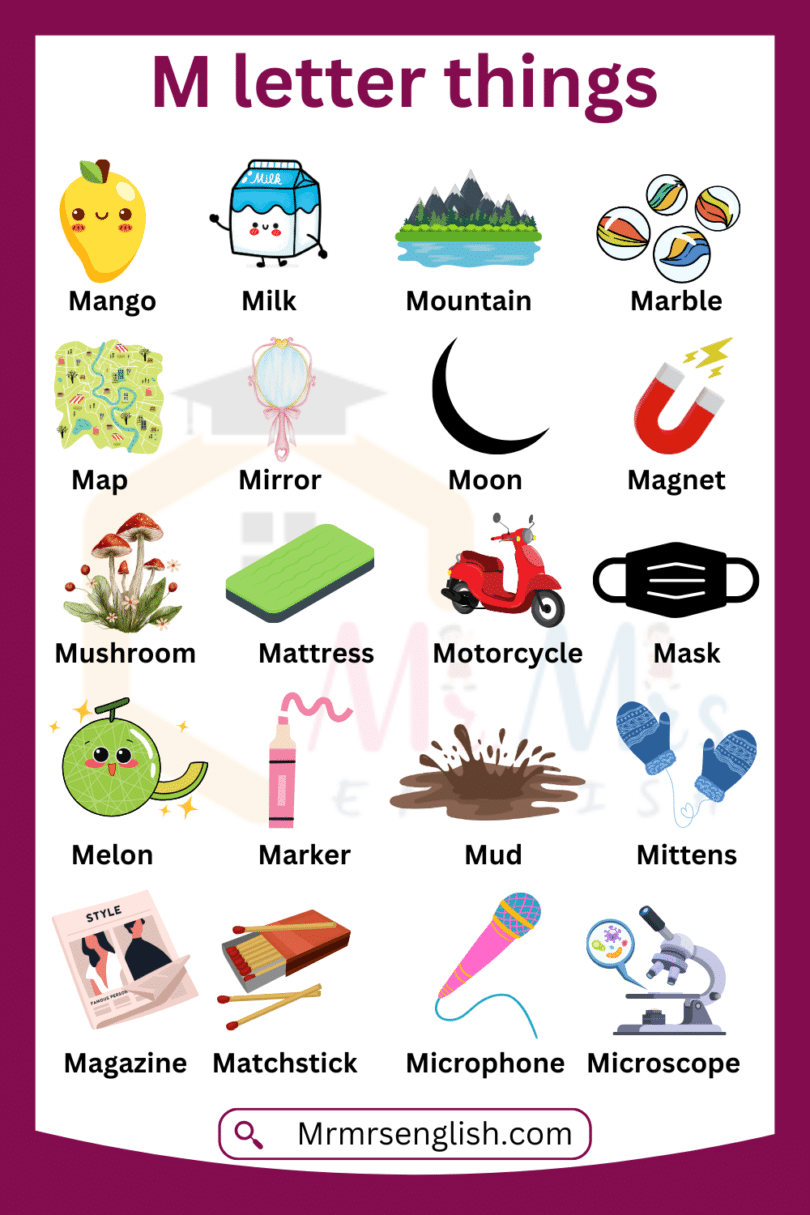 M letter things for Kids in English with Their Pictures - MR MRS ENGLISH