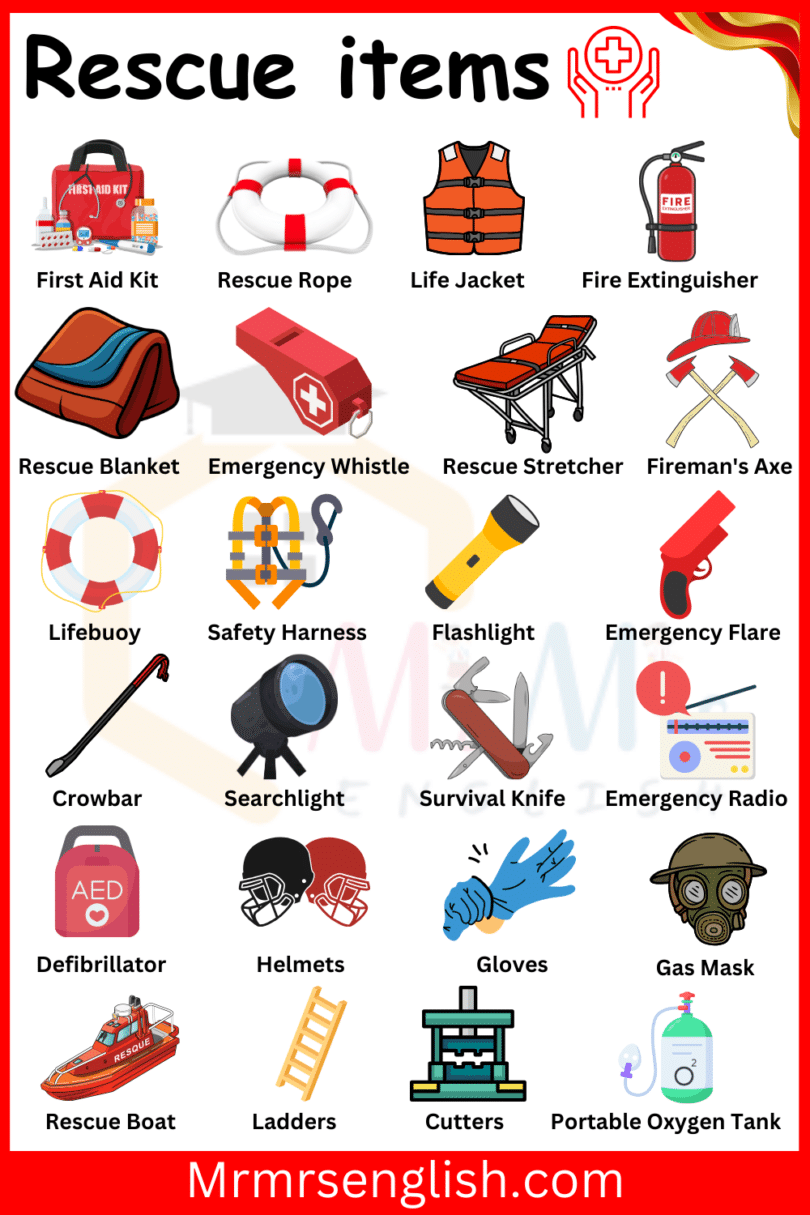Rescue items names in English and their Pictures - MR MRS ENGLISH
