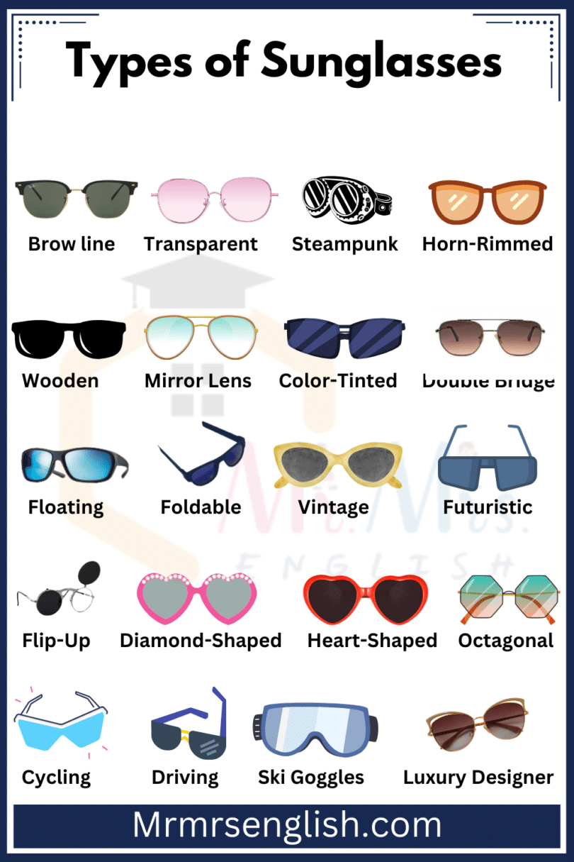 Types of Sunglasses Names in English with Pictures - MR MRS ENGLISH