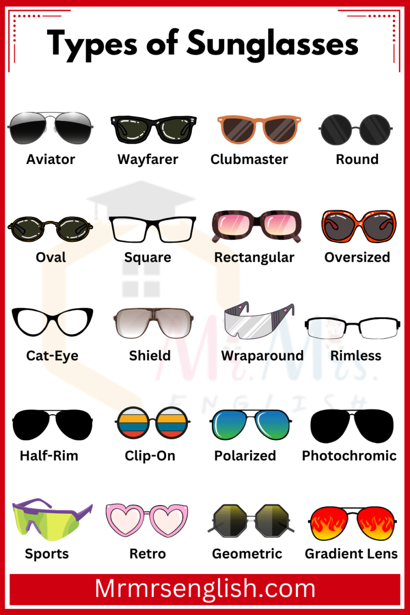 Types of Sunglasses Names in English with Pictures - MR MRS ENGLISH